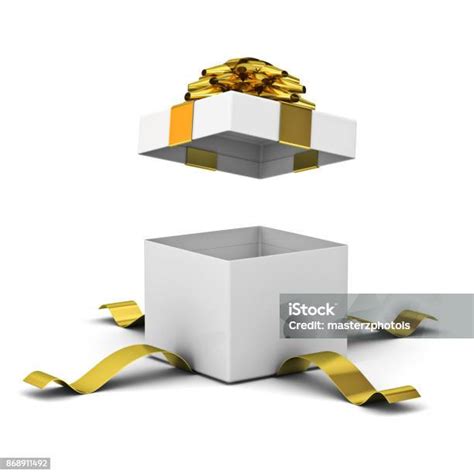 오픈 선물 상자 선물 박스와 골든 리본 활 그림자에 고립 된 흰색 배경 3 차원 렌더링 0명에 대한 스톡 사진 및 기타 이미지 0명 개념 개념과 주제 Istock