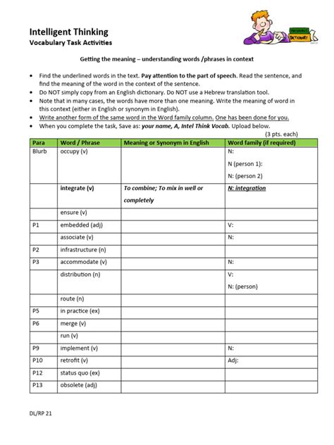Intelligent Thinking Vocabulary Task Amend Blank F21 Pdf