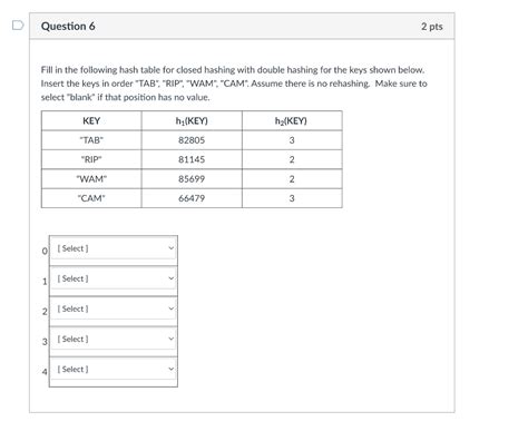 Solved Question Pts Fill In The Following Hash Table For Chegg