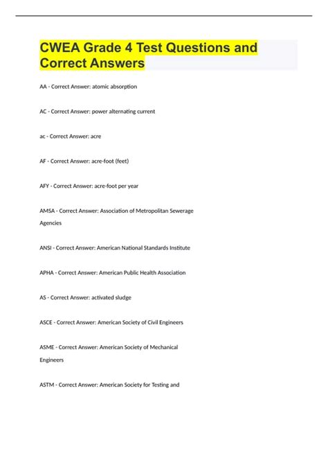 CWEA Grade Test Questions And Correct Answers Cwea Stuvia US