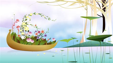 보트 꽃 나무 강 봄 시즌 크리 에이 티브 벡터 디자인 배경 화면 1920x1080 배경 화면 다운로드