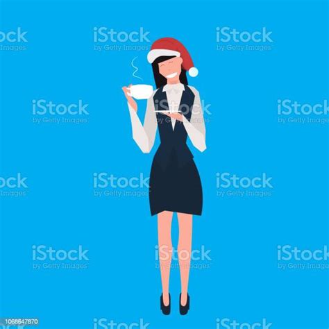 사업가 입고 빨간 산타 모자 마시는 커피 여성 만화 캐릭터 전체 길이 파란색 배경 플랫 겨울에 대한 스톡 벡터 아트 및 기타 이미지 겨울 경영자 계절 Istock