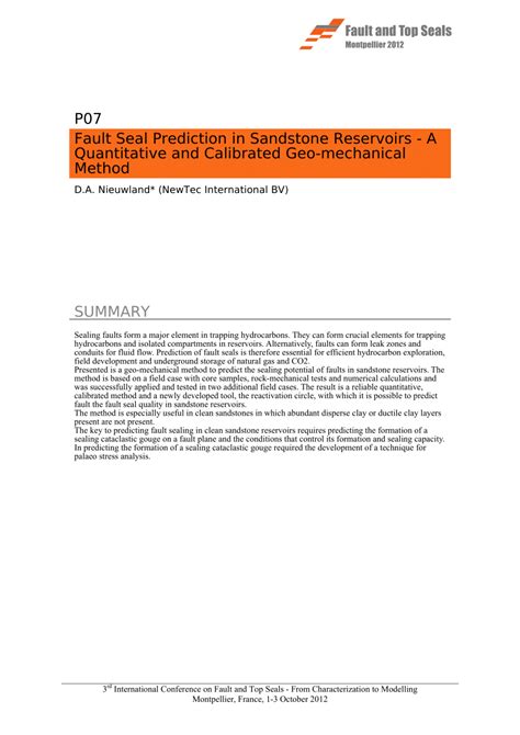 Pdf Fault Seal Prediction In Sandstone Reservoirs A Quantitative And Calibrated Geo