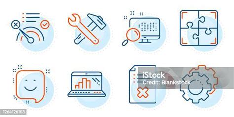 그래프 랩톱 거부 파일 및 검색 아이콘 세트 설정 기어 스패너 도구 및 인터넷 표지판없음 벡터 공연에 대한 스톡 벡터 아트 및 기타 이미지 Istock