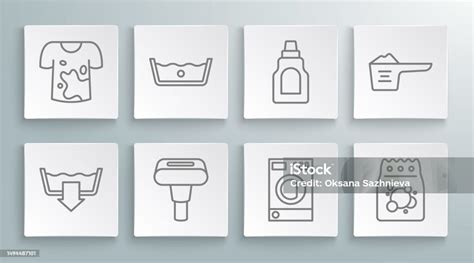 라인 세탁 모드 온도 세척 의류 찜기 세탁기 세탁 세제 세척제 병 파우더 및 더러운 티셔츠 아이콘을 설정합니다 벡터 30에 대한 스톡 벡터 아트 및 기타 이미지 Istock