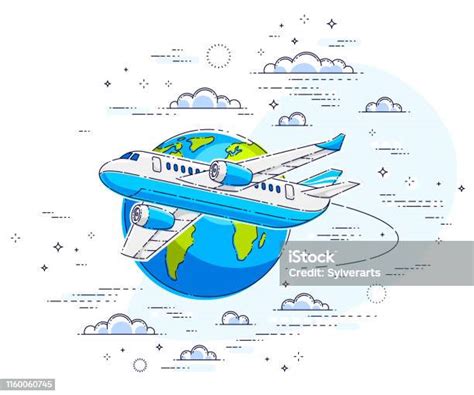 구름에 둘러싸인 하늘에 비행기 여객기와 행성 지구와 항공사 항공 여행 일러스트 흰색 배경 위에 격리 된 아름다운 얇은 선 벡터입니다 3차원 형태에 대한 스톡 벡터 아트 및