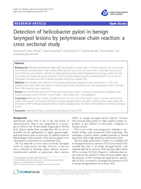 Pdf Detection Of Helicobacter Pylori In Benign Laryngeal Lesions By