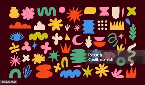 손으로 그린 순진하고 기괴한 추상적인 기하학적 모양과 형태 현대 현대 인물 다양한 유기적 모양 및 낙서 개체 벡터 그래픽 요소 드로잉에 대한 스톡 벡터 아트 및 기타 이미지