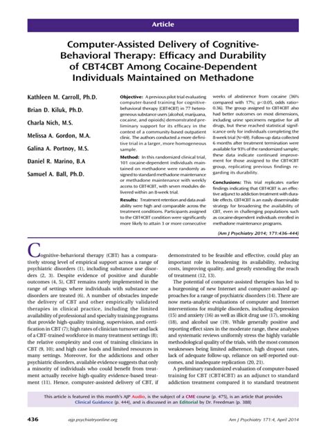 Computer Assisted Delivery Of Cognitive Behavioral Therapy Efficacy And Durability Of Cbt4cbt