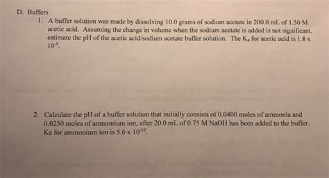 Solved D Buffers 1 A Buffer Solution Was Made By Chegg Com