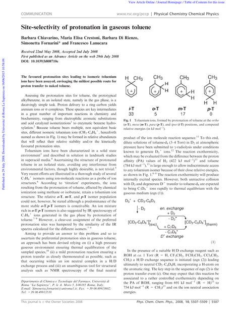 Pdf Site Selectivity Of Protonation In Gaseous Toluene