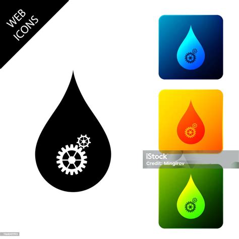 흰색 배경에 격리 된 기어 아이콘으로 놓습니다 생태 테마 녹색 에코 에너지 기술 및 산업에 대한 추상적 인 개념 설정 아이콘 다채로운 사각형 버튼 벡터 일러스트레이션