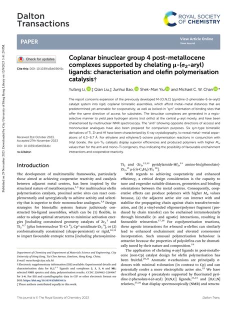 Pdf Coplanar Binuclear Group 4 Post Metallocene Complexes Supported