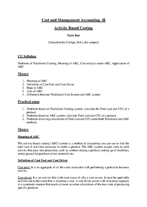 Activity Based Costing Notes Cost And Management Accounting Ii
