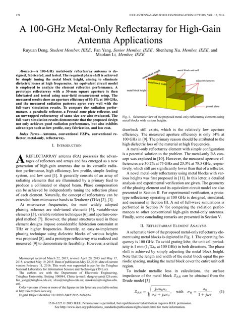 Pdf A 100 Ghz Metal Only Reflectarray For High Gain Antenna Applications