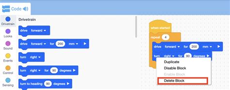 Deleting A Block In VEXcode EXP VEX Library