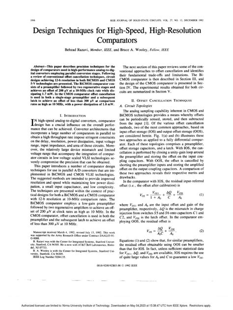 Design Techniques For High Speed High Resolution Comparators Download