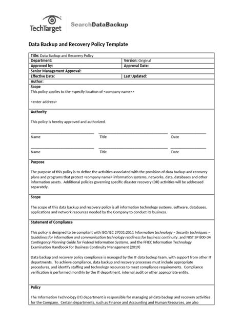 Data Backup And Recovery Policy Template Pdf
