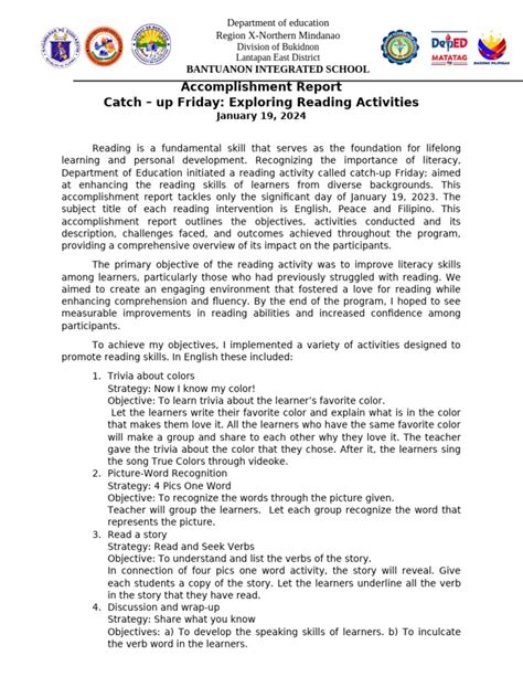 Accomplishment Report Reading Pdf Literacy Reading Comprehension