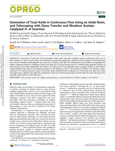 Pdf Generation Of Tosyl Azide In Continuous Flow Using An Azide Resin