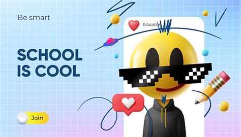 학교는 멋지다 학교 웹 배너 및 이모티콘 선글라스와 소셜 미디어 아이콘에 웃는 얼굴과 모바일 응용 프로그램으로 돌아갑니다 온라인 교육 디지털 학습 벡터 이미지 고객 참여에