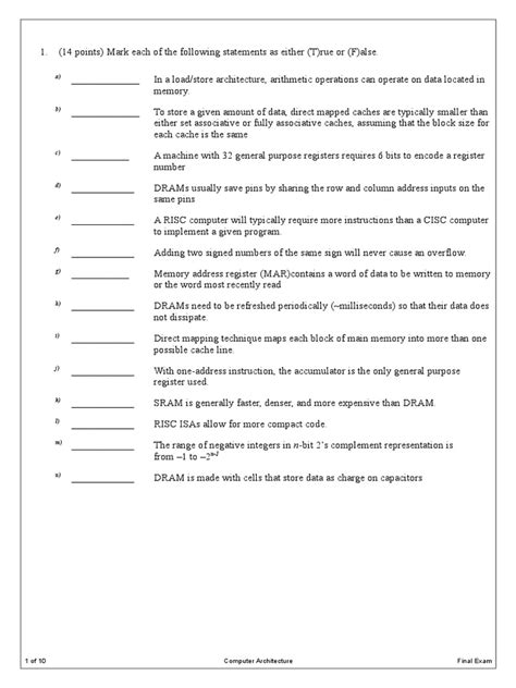 Computer Architecture Sample Final Pdf Random Access Memory