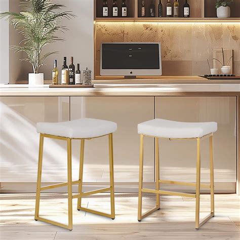 Phi Villa 252 In White Pu Leather Bar Stools With Backless Saddle