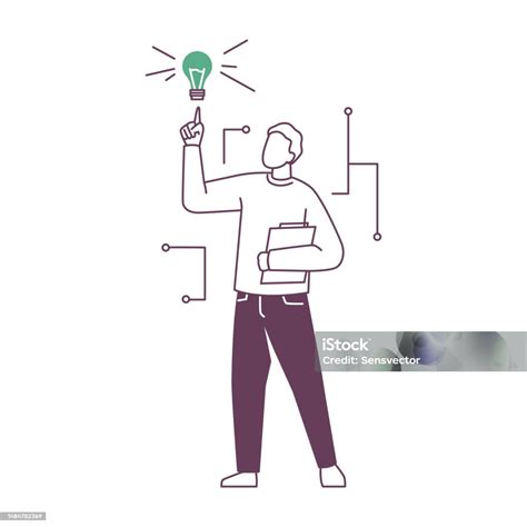스타트업 아이디어 또는 사업 개념 혁신적인 사고를 가진 고립된 직원 회사 개발 및 개선 전략 평면 만화 그림에 램프를 가진 벡터 남자 가벼운에 대한 스톡 벡터 아트 및 기타