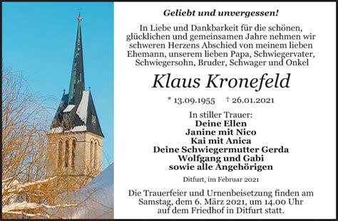 Traueranzeigen Von Klaus Kronefeld Abschied Nehmende