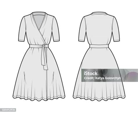 깊은 V넥 반소매 오버사이즈 무릎 길이 원형 컷 넥타이를 가진 랩 드레스 테크니컬 패션 일러스트 0명에 대한 스톡 벡터 아트 및 기타 이미지 Istock