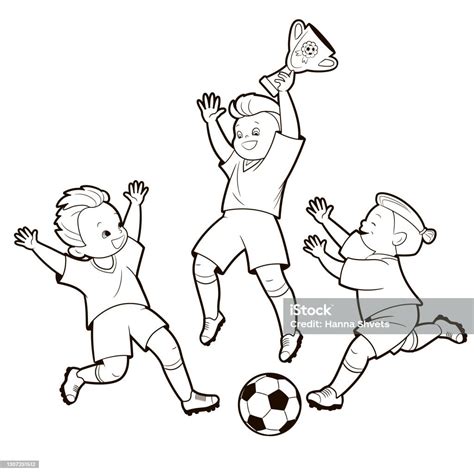 색칠 공부 축구 스포츠 십대 소년은 챔피언십 컵을 들고 승리에 기뻐 만화 스타일의 벡터 일러스트레이션 흑백 선 아트 색상 묘사에 대한 스톡 벡터 아트 및 기타 이미지
