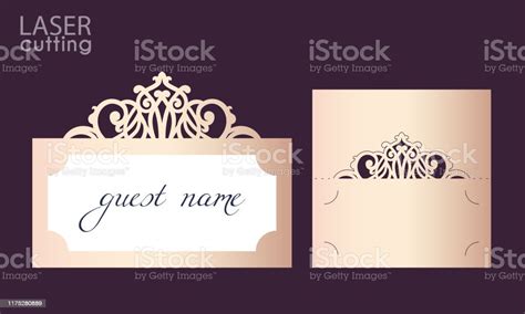 레이스 테두리와 레이저 컷 결혼식 초대 장소 카드 웨딩 센터피스 테이블 카드 크라운 디자인 네임 카드 홀더 절단 벡터템플릿 꽃