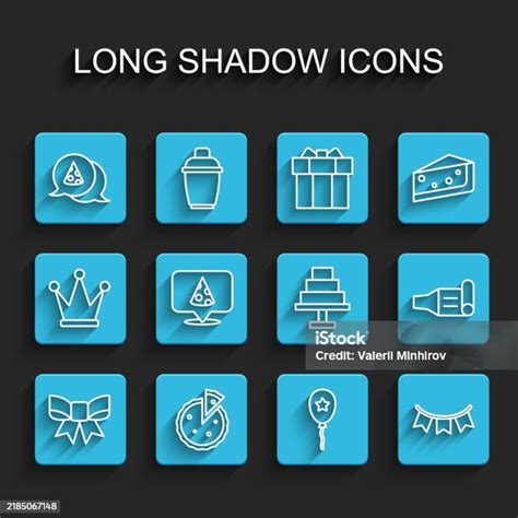 세트 라인 선물 활 수제 파이 피자 조각 리본이 달린 풍선 카니발 화환 깃발 생일 파티 경적 및 케이크 아이콘 벡터 갈란드 장식품에 대한 스톡 벡터 아트 및 기타 이미지