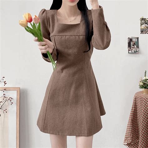 3color도톰울 청순 모직 스퀘어넥 절개 라인 허리끈 미니 원피스 가을 겨울 하객 데이트 연말 모임 에이블리