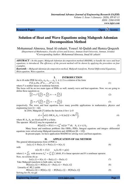 Pdf Solution Of Heat And Wave Equations Using Mahgoub Adomian Decomposition Method