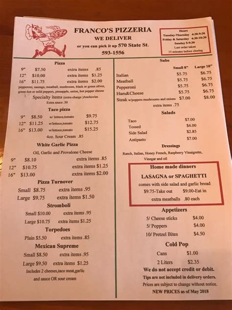 Menu At Francos Pizzeria Conneaut 570 State St