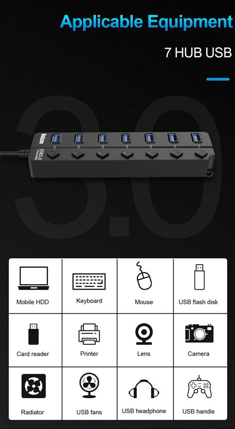 Powered Usb 30 Multiport Hub 7 Port Data Splitter With 5v Dc Power Adapter Individual Onoff