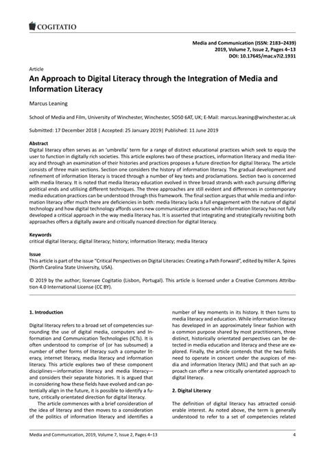 Pdf An Approach To Digital Literacy Through The Integration Of Media And Information Literacy