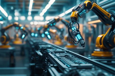 High Tech Robotic Arms Working On Assembly Line In Advanced Ai Factory Environment Stock Image