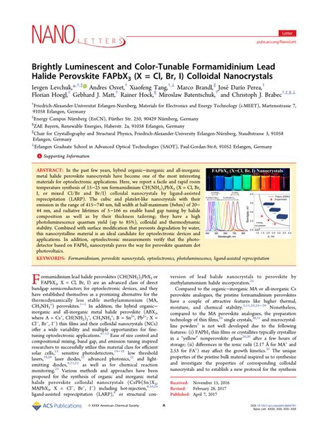 Pdf Brightly Luminescent And Color Tunable Formamidinium Lead Halide Perovskite Fapbx3 X Cl