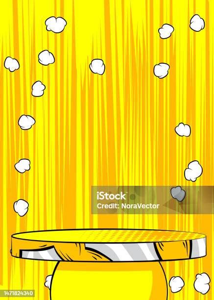 만화책 제품 발표 장면 광고 연단 모형 프레젠테이션을 위한 팝 아트 무대 노란색 배경 가격표에 대한 스톡 벡터 아트 및 기타