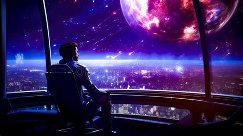 Man Sitting In Chair In Front Of View Of The Earth Generative Ai Stock Illustration