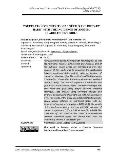 Pdf Correlation Of Nutritional Status And Dietary Habit With The Incidence Of Anemia In