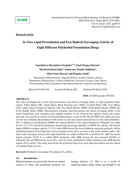 Pdf In Vitro Lipid Peroxidation And Free Radical Scavenging Activity