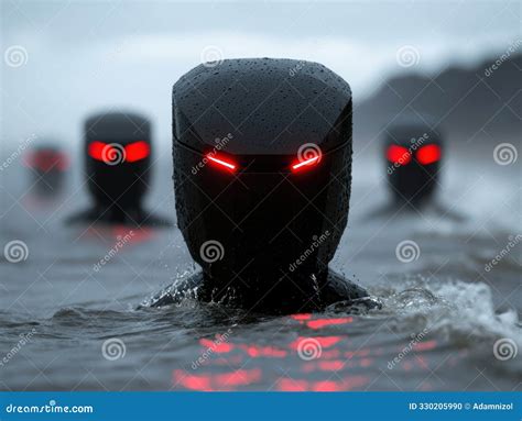Underwater Robots Huddle In Creepy Concrete Room Royalty Free Stock