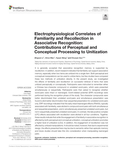 Pdf Electrophysiological Correlates Of Familiarity And Recollection