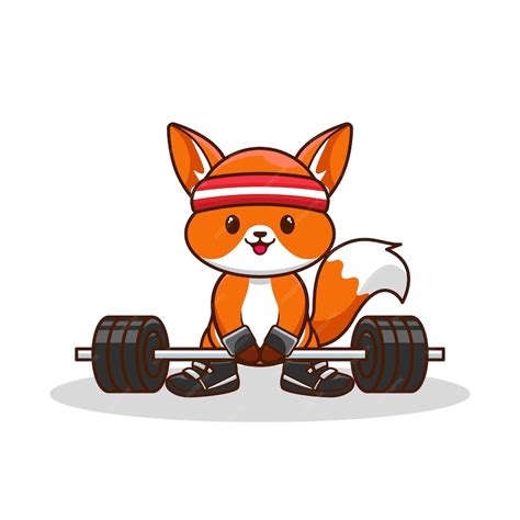 귀여운 여우 리프팅 바벨 벡터 일러스트 레이 션 체육관 운동 아이콘 귀여운 스티커 만화 스타일 프리미엄 벡터