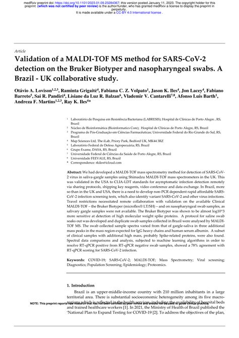 pdf validation of a maldi tof ms method for sars cov 2 detection on