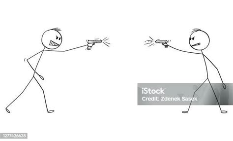 서로 총 무기 권총 또는 권총을 쏘는 두 성난 남자의 벡터 만화 그림 살인에 대한 스톡 벡터 아트 및 기타 이미지 살인 손 총격 동작 활동 Istock