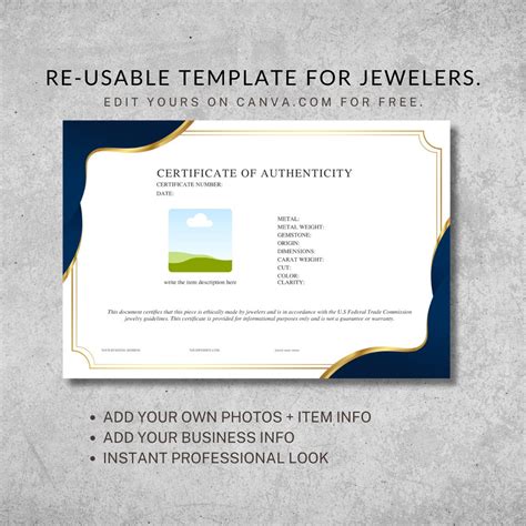 Customizable Ring Certificate Of Authenticity Template Jewelry Business